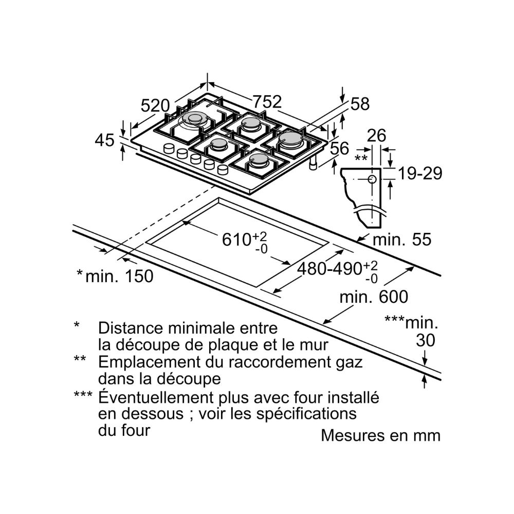 Plaque de cuisson gaz 75cm, 5 foyers, 11500W - Siemens iQ500 EP7A6SB20 ...
