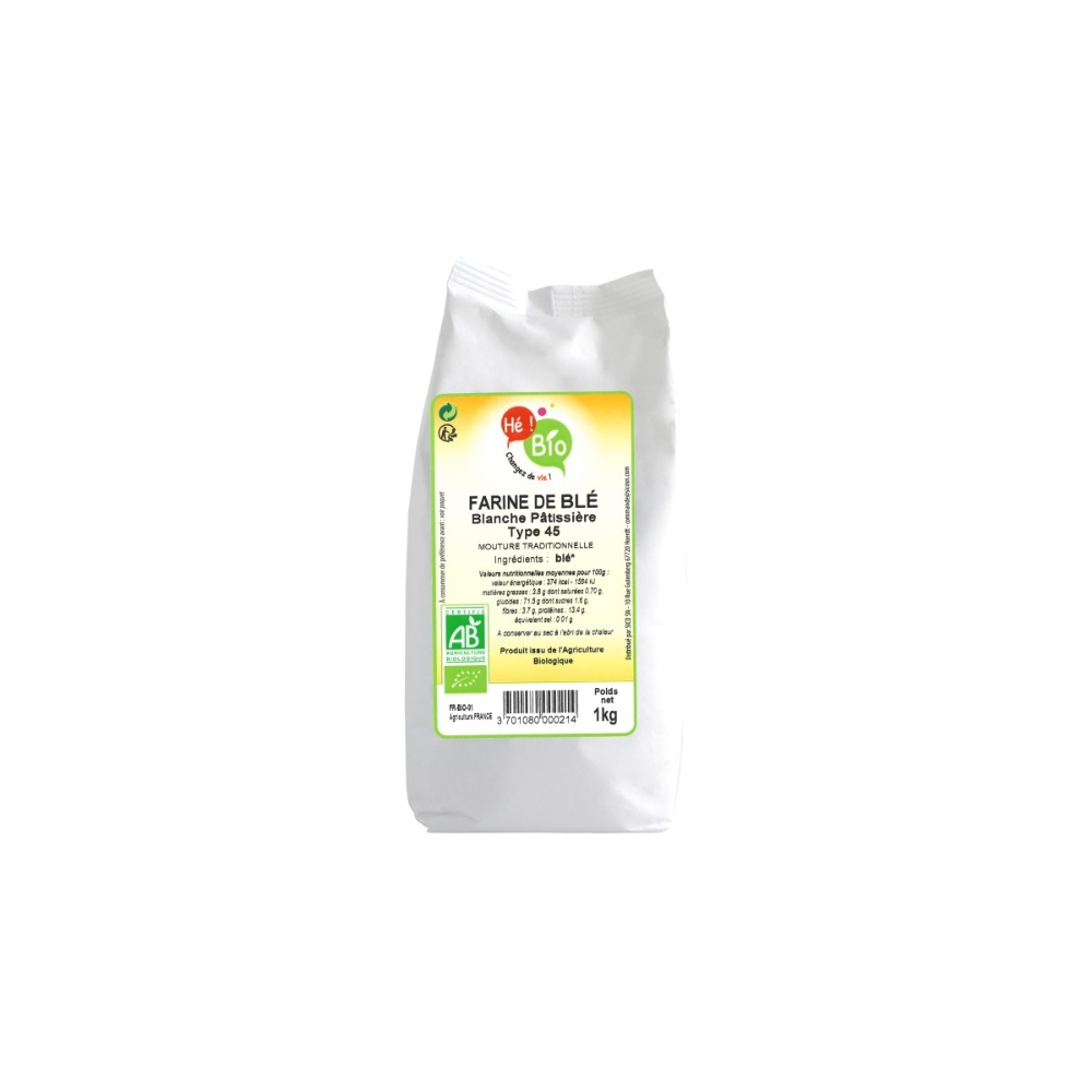 Farine de blé blanche pâtissière BIO type 45, Hé Bio, 1kg | ChezVous.re ...