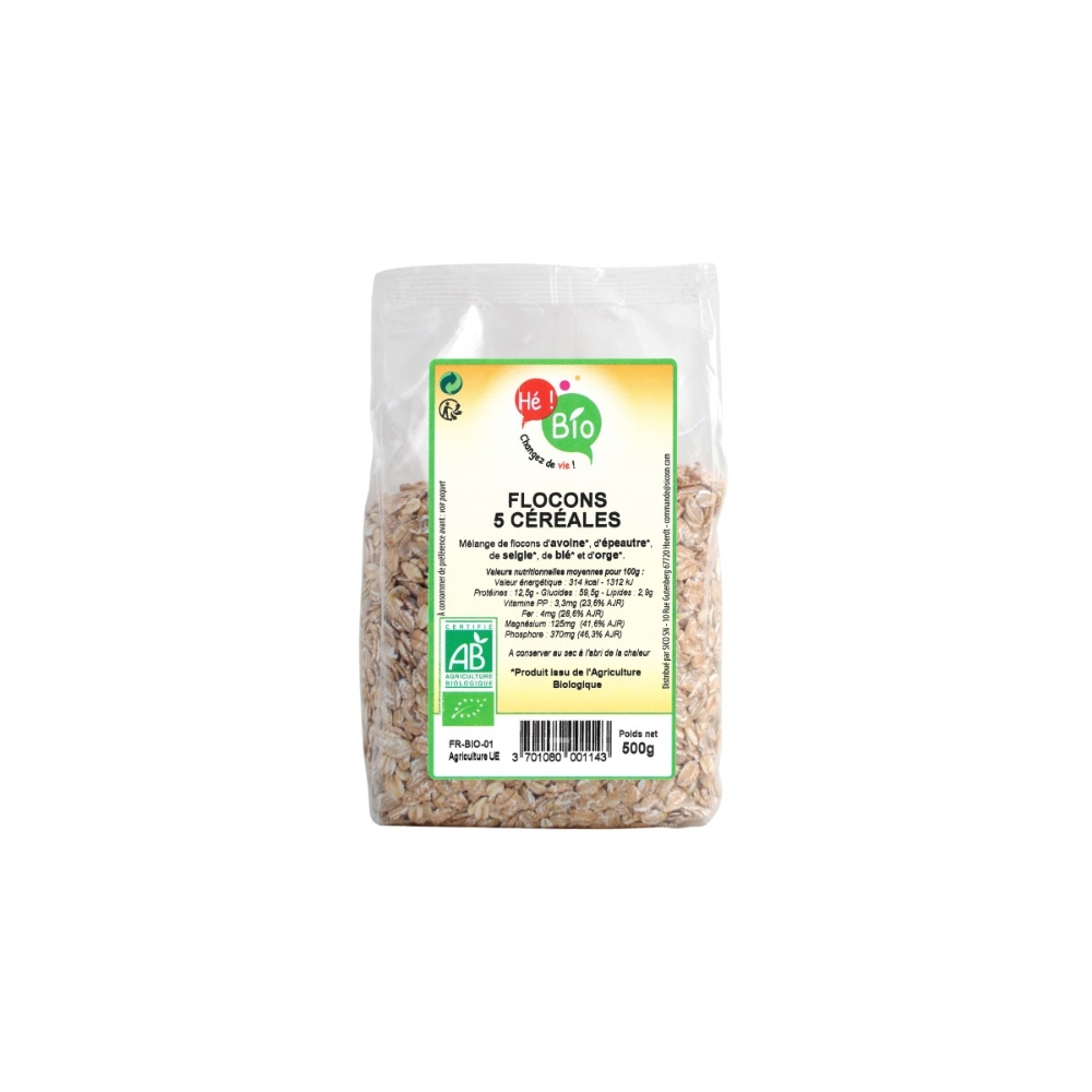 Flocons 5 céréales BIO, Hé Bio, 500g | ChezVous.re - Faites vos courses ...